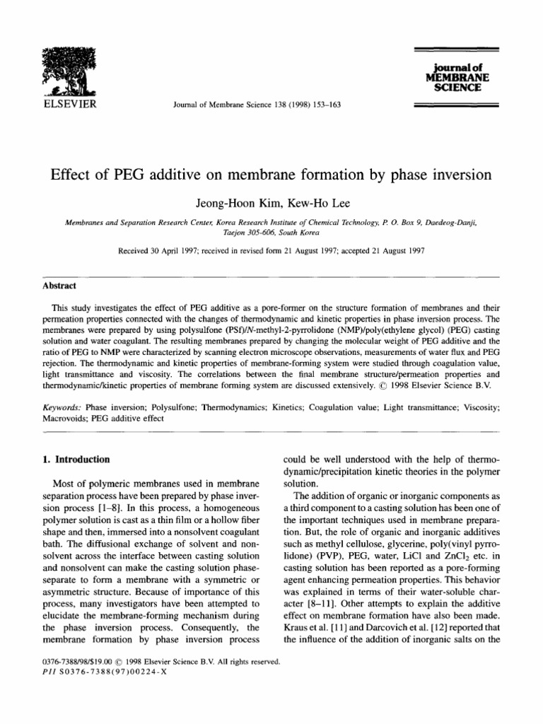 Effect of PEG Additive On Membrane Formation by Phase Inversion 1998 ...