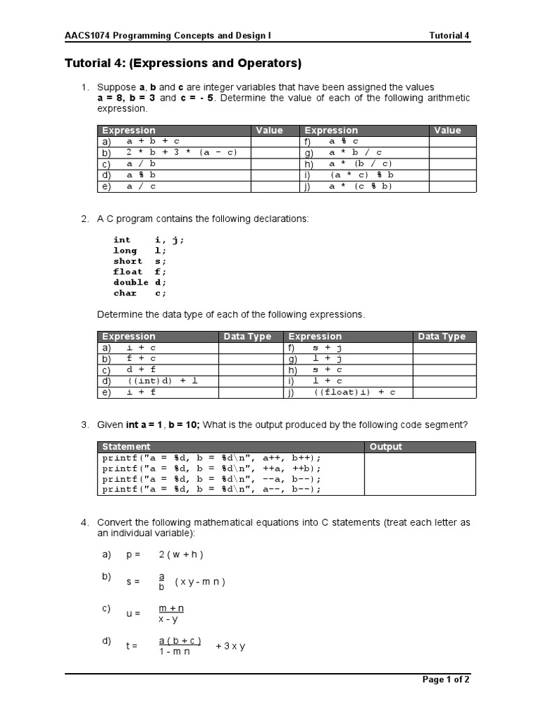 Tutorial 04 - Expressions and Operators | PDF | Integer (Computer Science) | Data Type