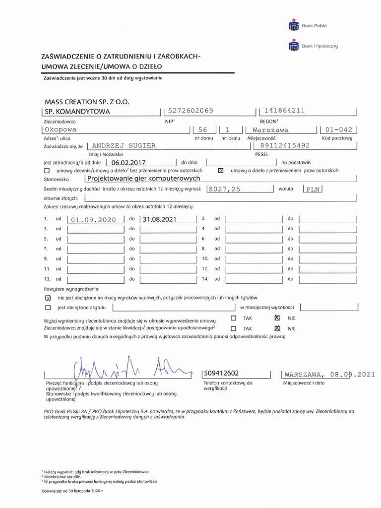 Zaswiadczenie o Dochodach Od 30 11 2020 Pko BP | PDF