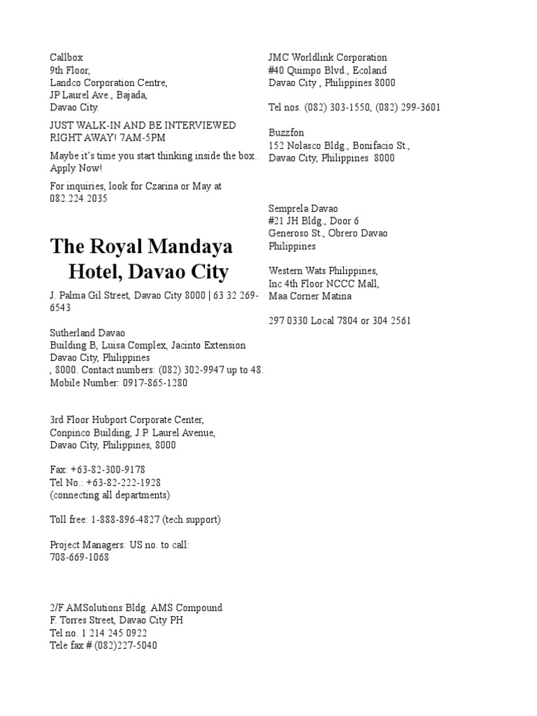 Sutherland Davao Contact Information | PDF