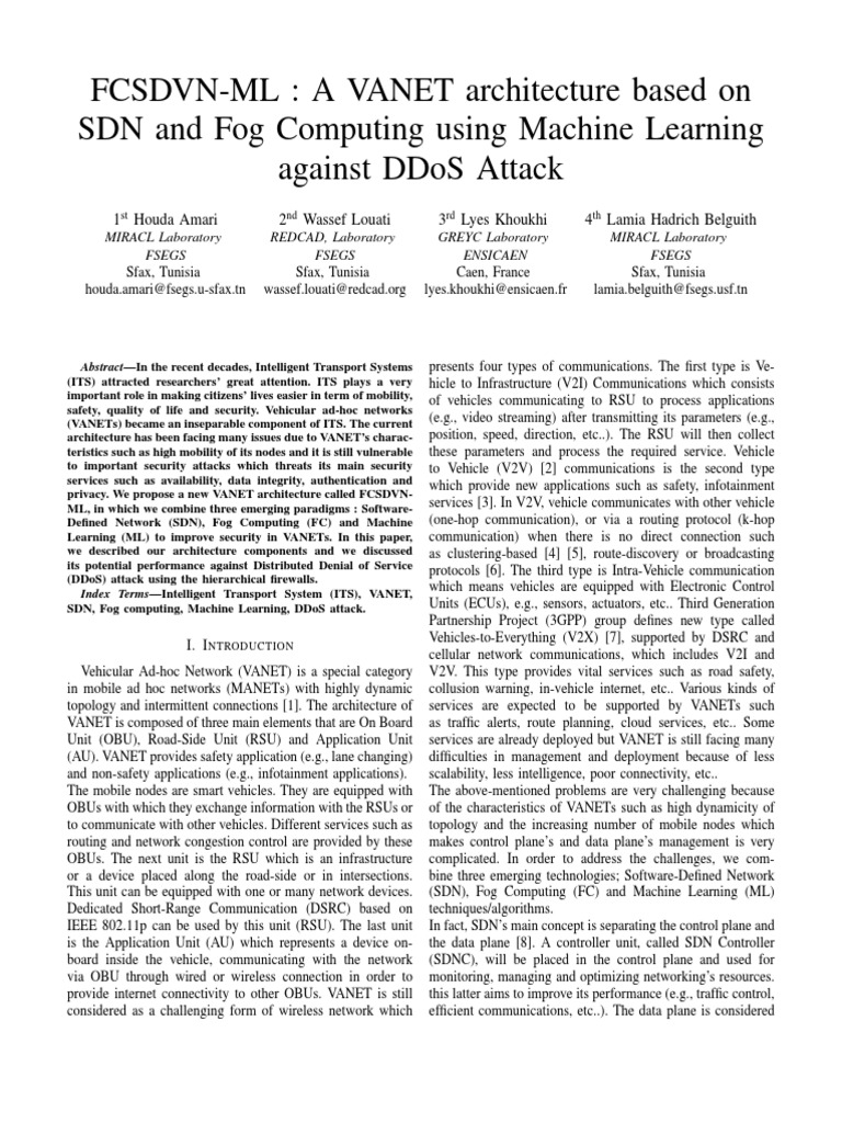 FCSDVN-ML: A Vanet Architecture Based On SDN and Fog Computing Using Machine Learning Against ...