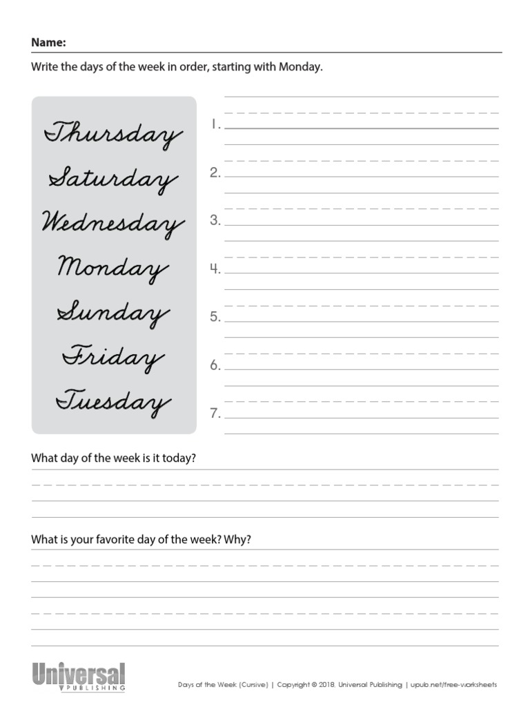 Days of The Week Cursive | PDF | Self-Improvement