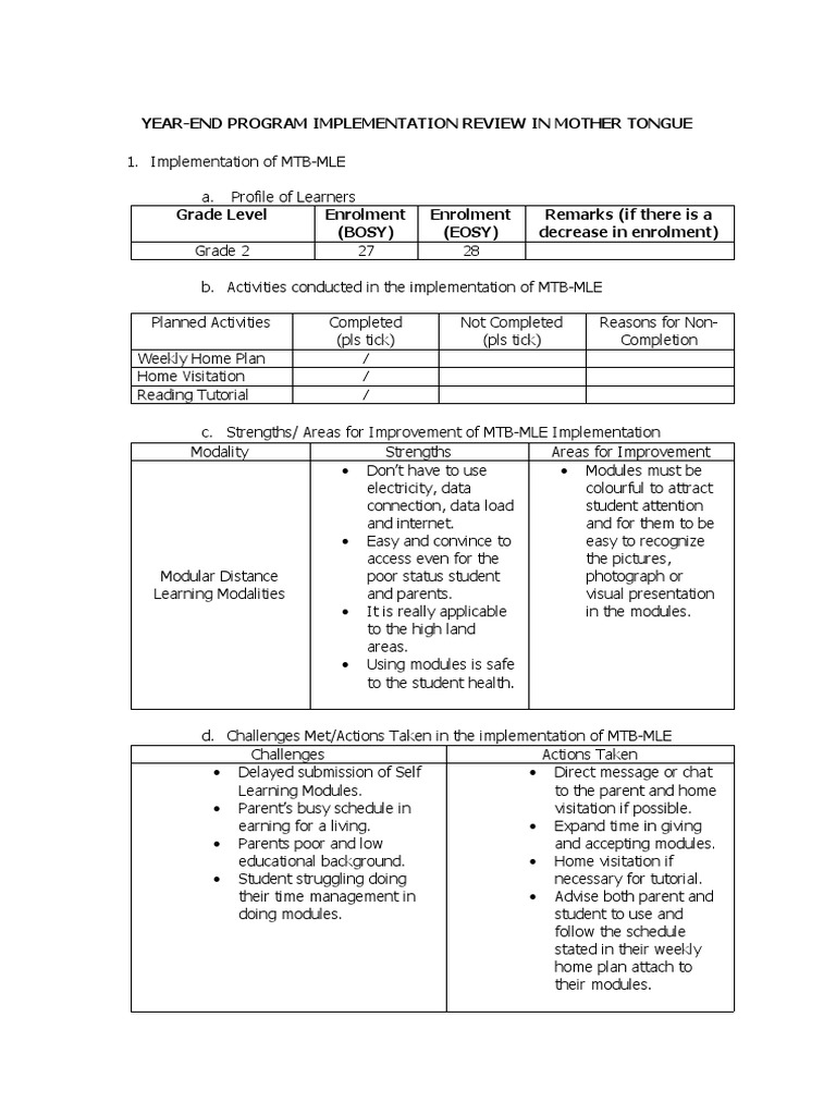 Year-End Program Implementation Review in Mother Tongue | PDF ...