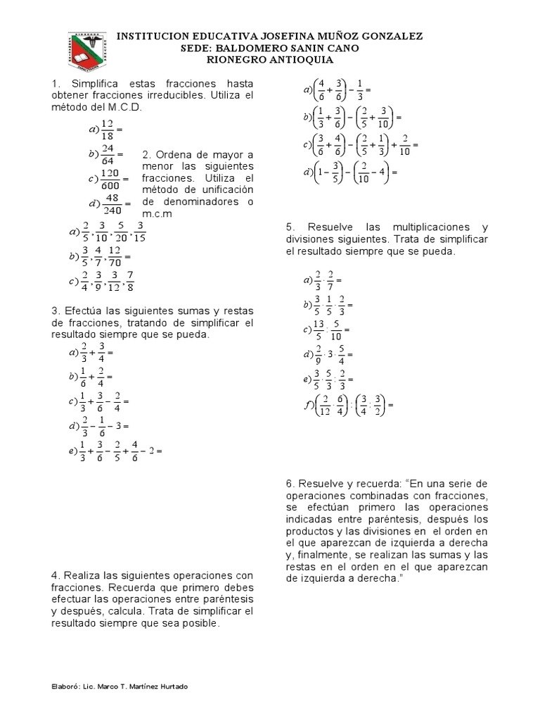 5 Taller Operaciones Con Fracciones | PDF