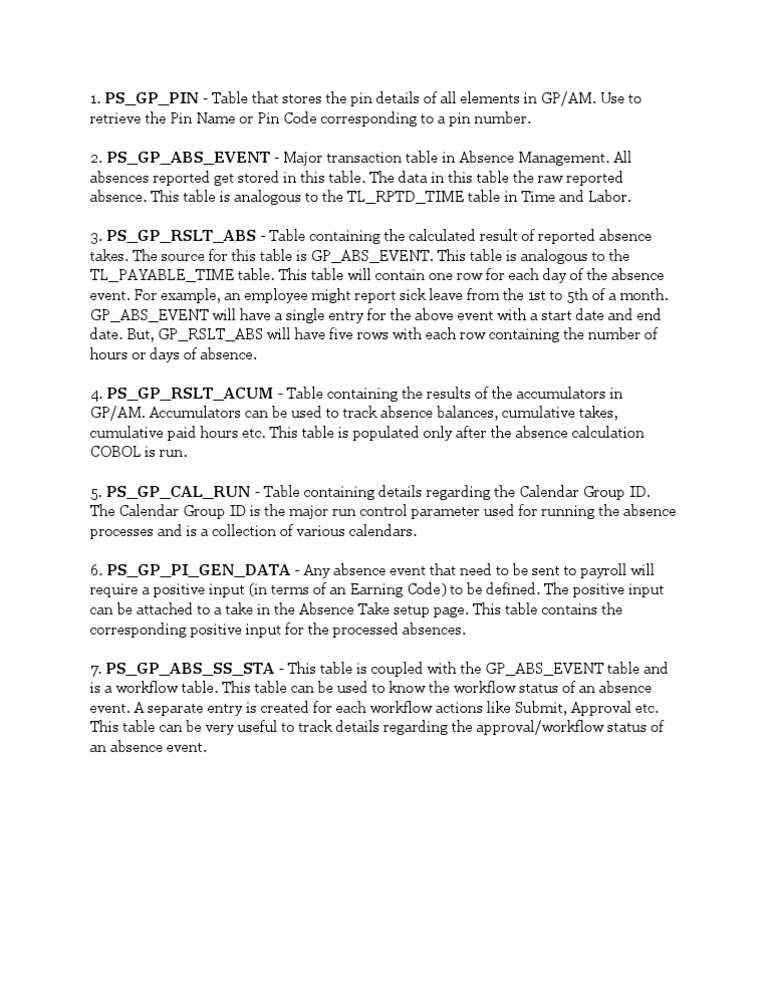PeopleSoft Absence Management Tables Info | PDF | Computers