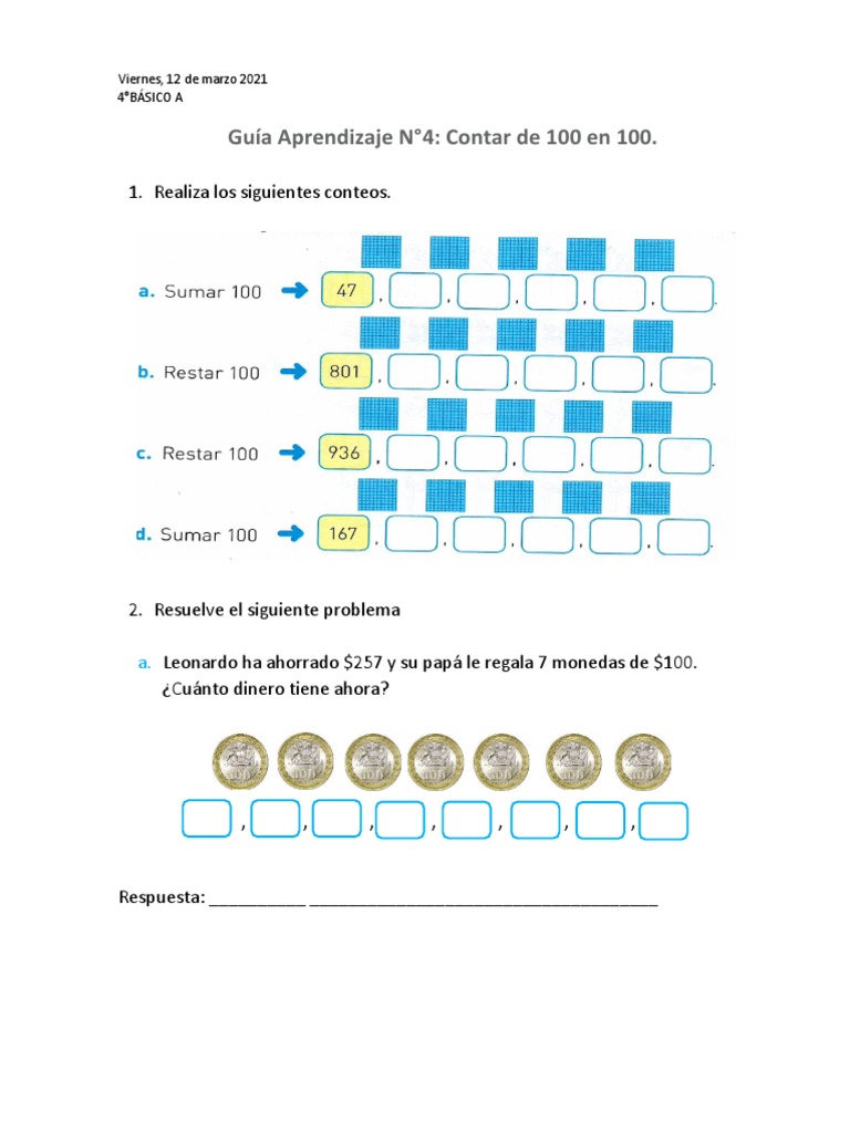 Guía N°4 Contar de 100 en 100 | PDF