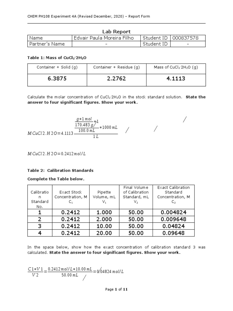 Experiment 4A - Cu (II) Analysis by Spectrophotometry - Report Form | PDF | Absorbance ...