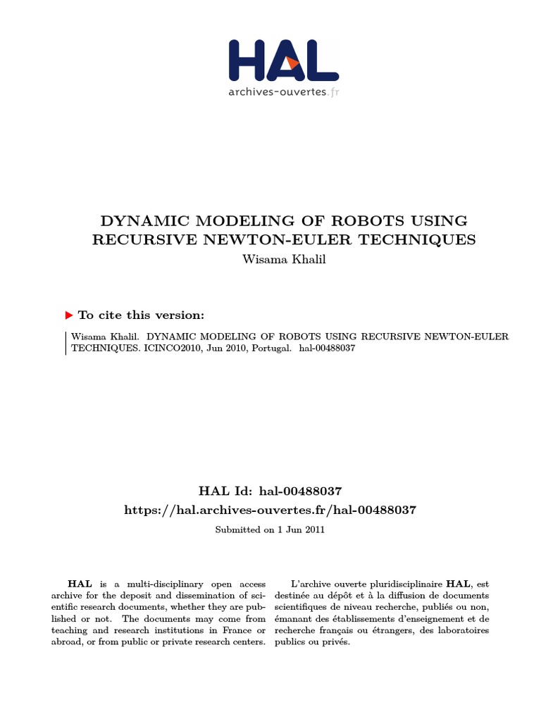 Dynamic Modeling of Robots Using Recursive Newton-Euler Techniques | Download Free PDF ...