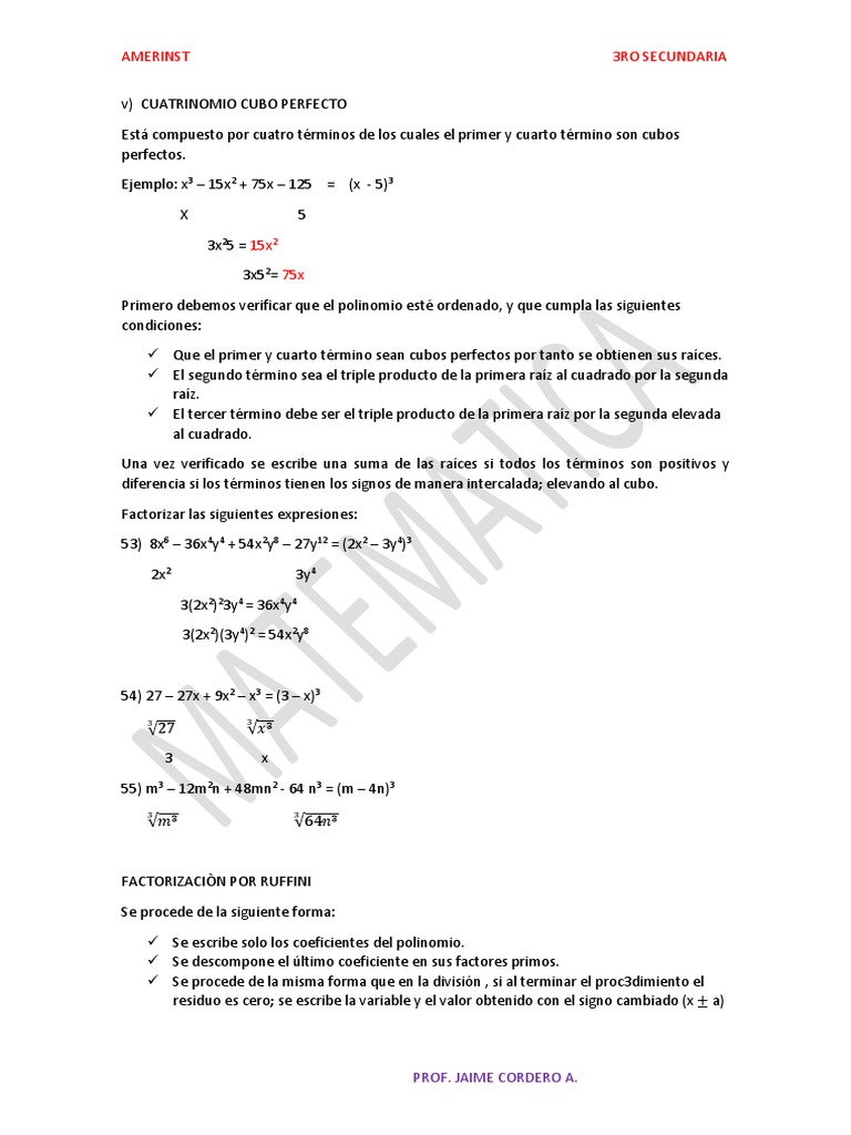 Factorizaciòn Cuatrinomio Cubo Perfecto | PDF | Factorización ...