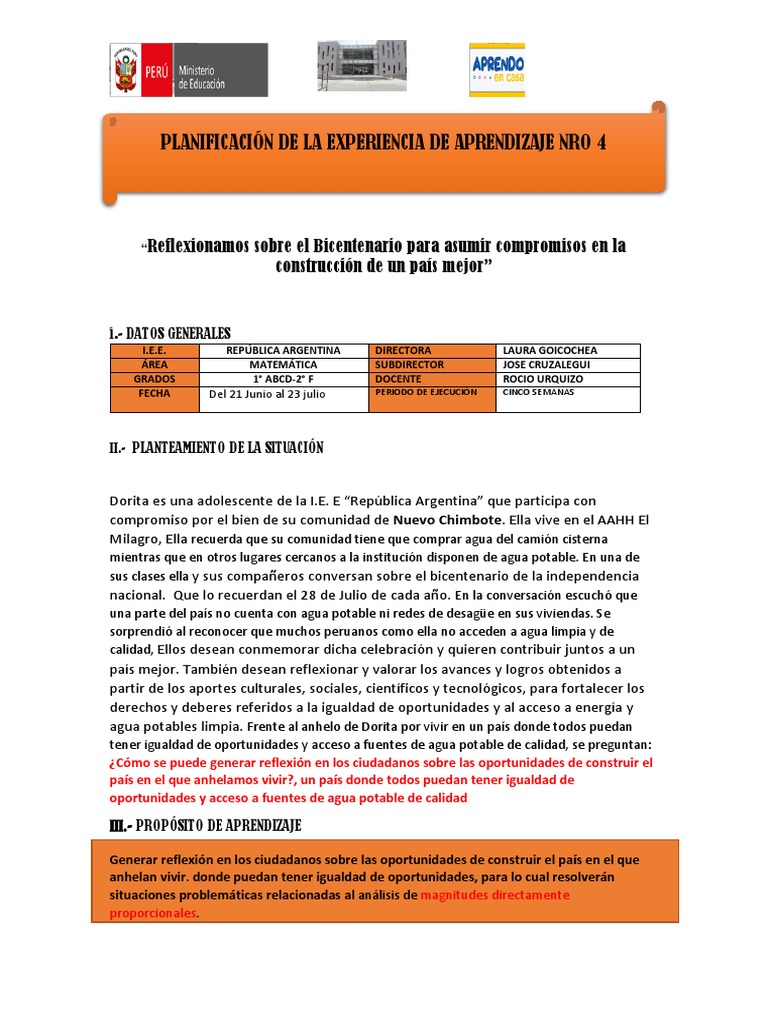 Planificación de La Experiencia de Aprendizaje Nro 4 - Actividad 4B | PDF | Alimentos | Aprendizaje