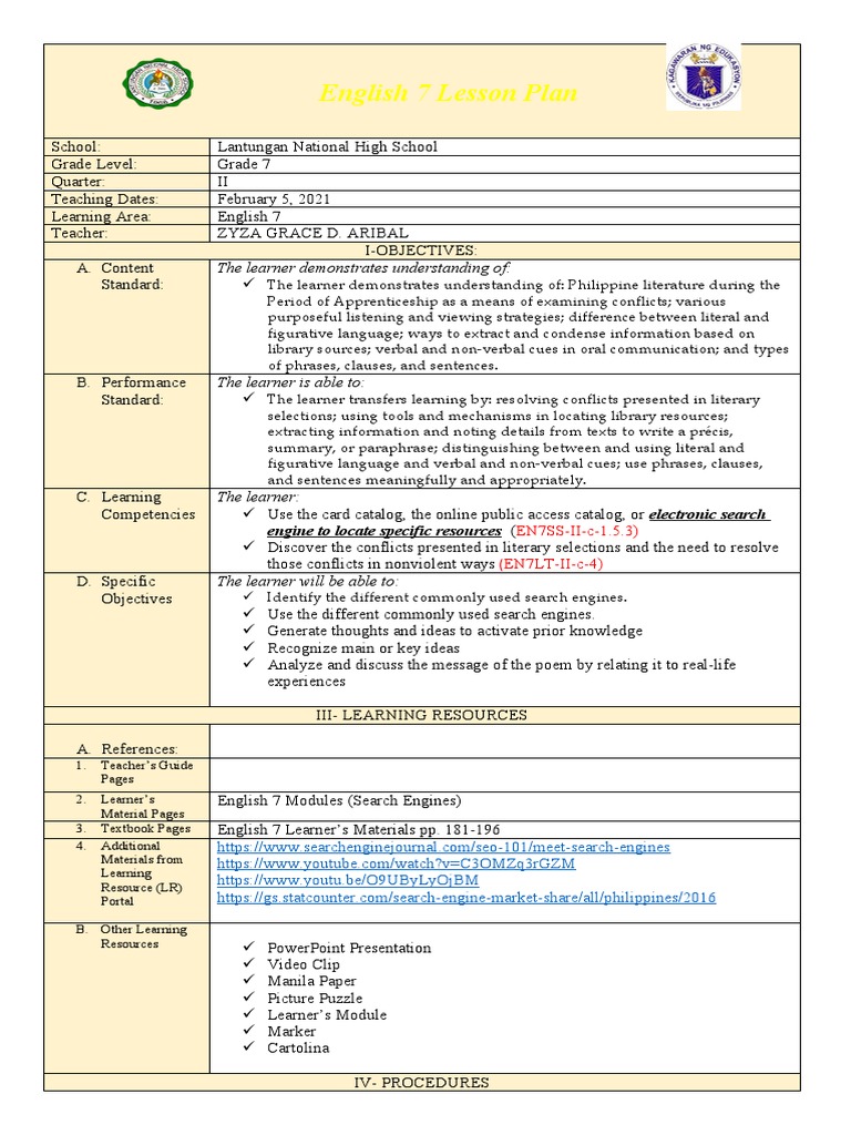 Grade 7 English Lesson Plan: Search Engines | PDF | Learning | Lesson Plan