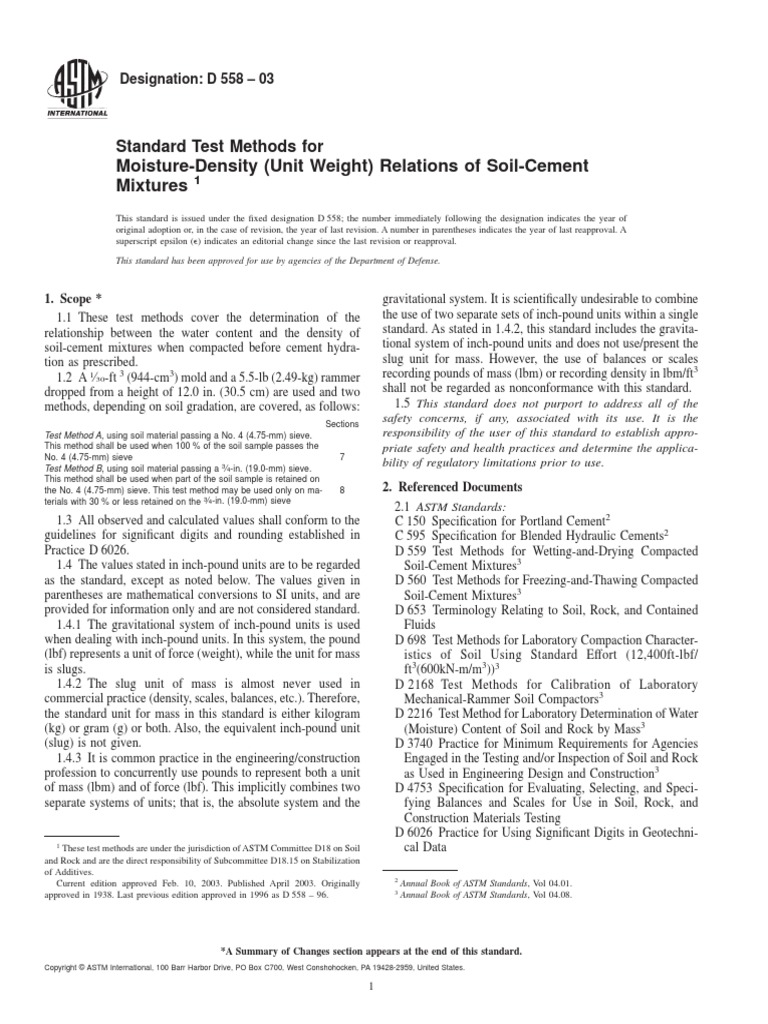Moisture-Density (Unit Weight) Relations of Soil-Cement Mixtures | PDF