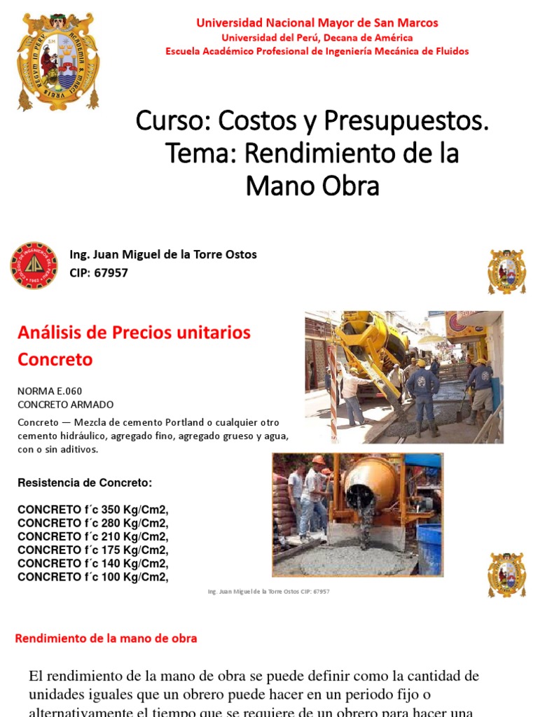 Rendimiento de La Mano de Obra | Descargar gratis PDF | Hormigón | Ingeniería