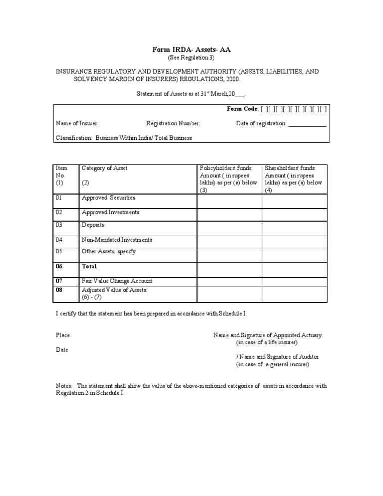 Form IRDA-Assets - AA | PDF | Insurance | Corporate Governance