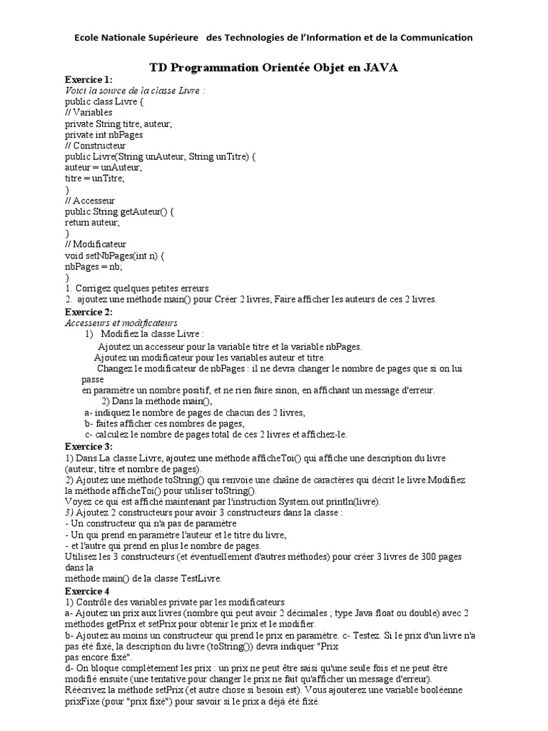 TD Programmation Orientée Objet en JAVA | PDF | Programmation ...
