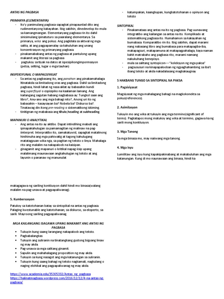 Antas NG Pagbasa | PDF