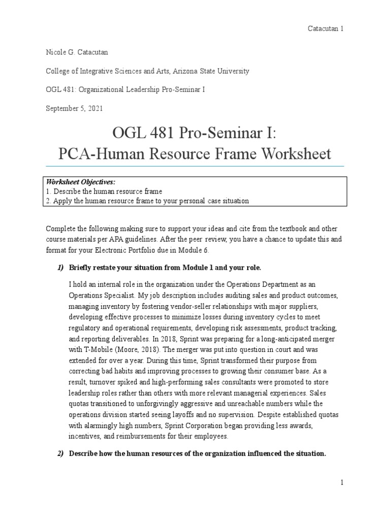 OGL 481 Pro-Seminar I: PCA-Human Resource Frame Worksheet | PDF | Human ...