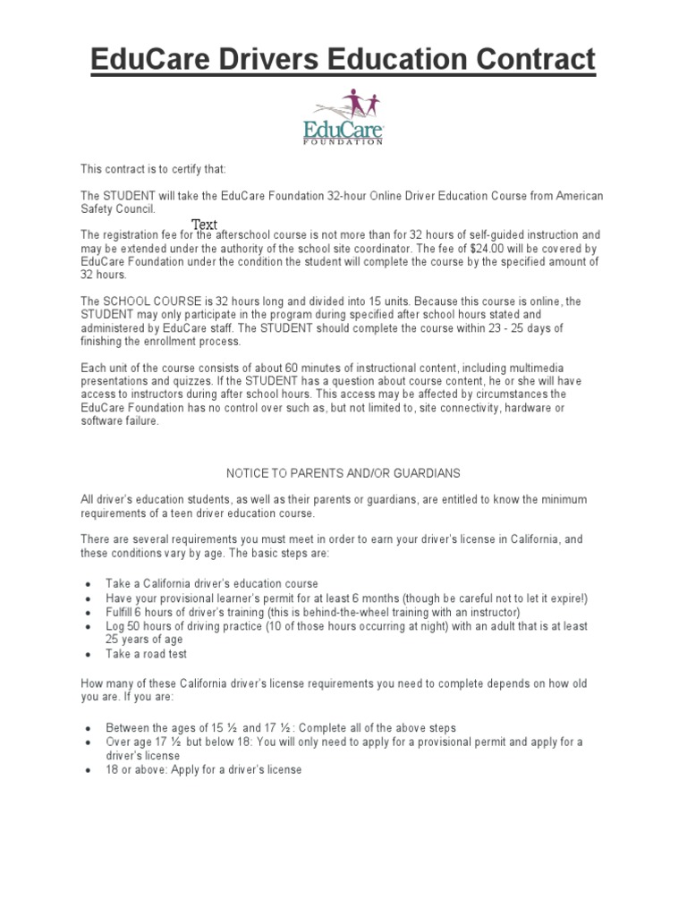 Educare Drivers Education Contract | Download Free PDF | Driver's License