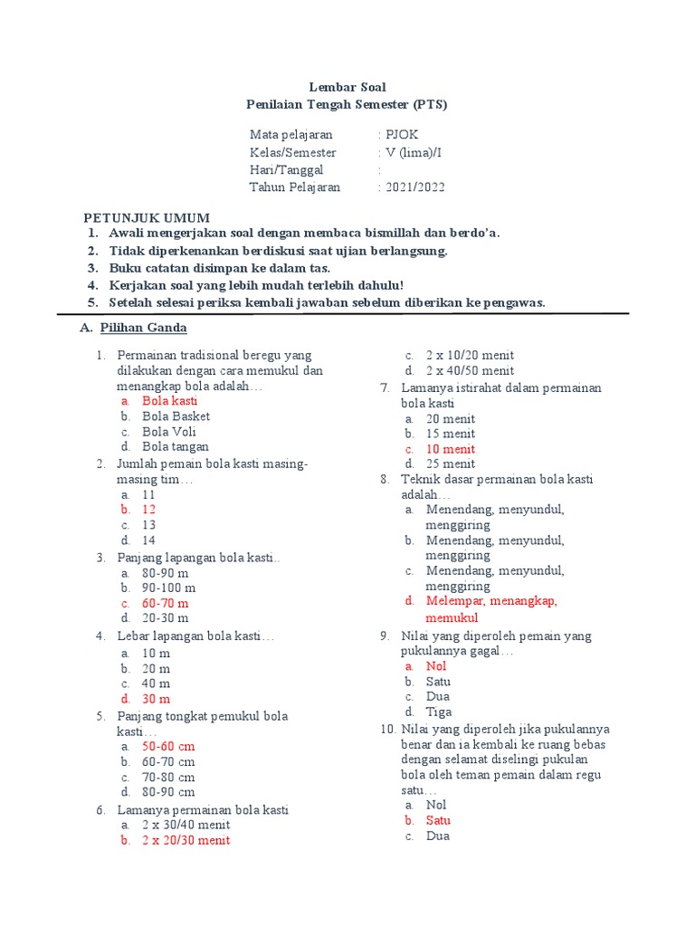 Soal PTS PJOK Kelas 5 | PDF