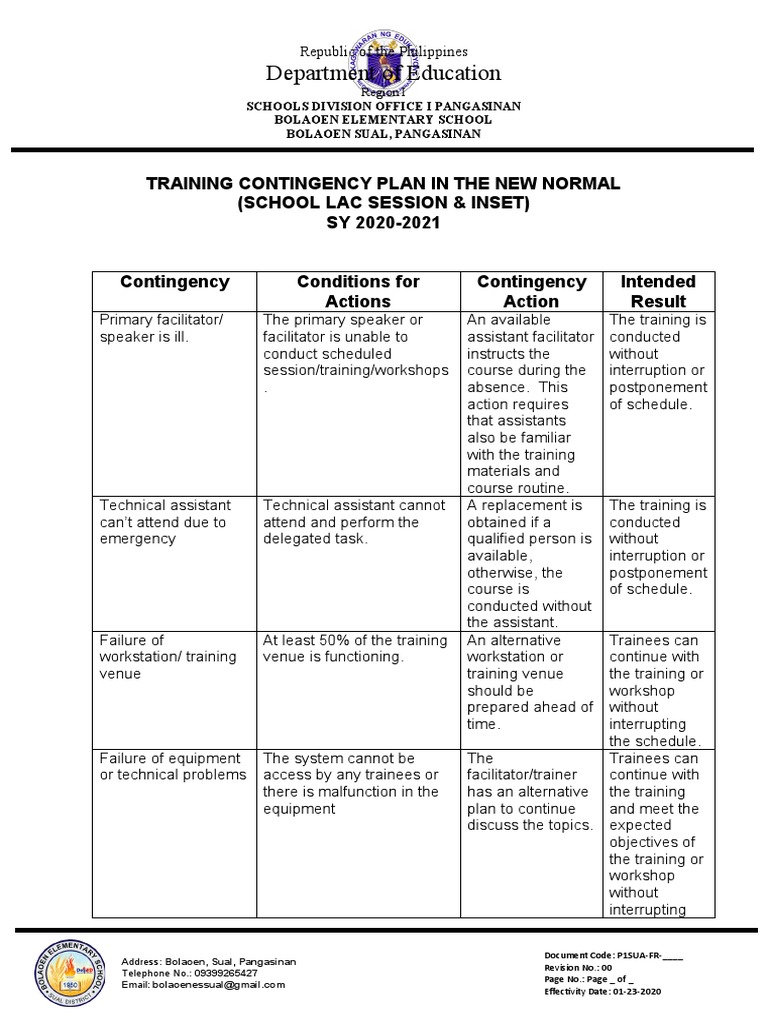 Department of Education: Training Contingency Plan in The New Normal ...