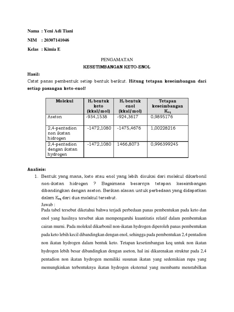 Yeni Adi Tiani - 20307141046 - Percobaan Keto-Enol - DDKK | PDF