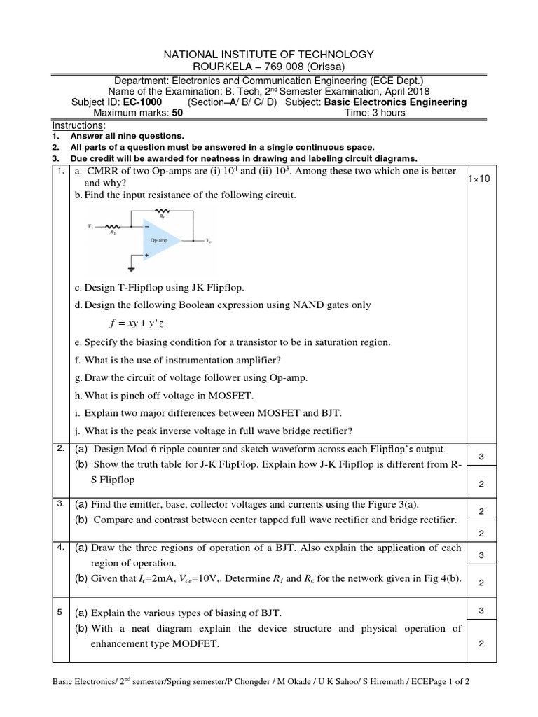 Basic Electronics Exam - April 2018 | PDF | Mosfet | Operational Amplifier