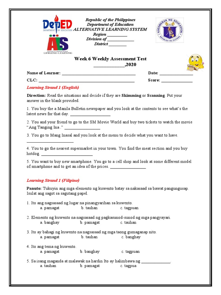 Week 6 Weekly Assessment Test - , 2020: Learning Strand 1 (English ...