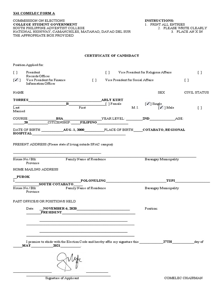 x41 Comelec Form A Certificate of Candidacy | PDF | Government