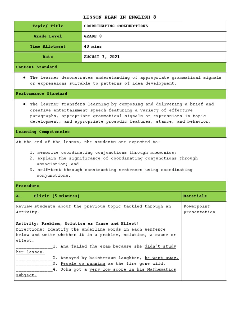 Coordinating Conjunctions Lesson Plan for Grade 8 | PDF | Pedagogy ...