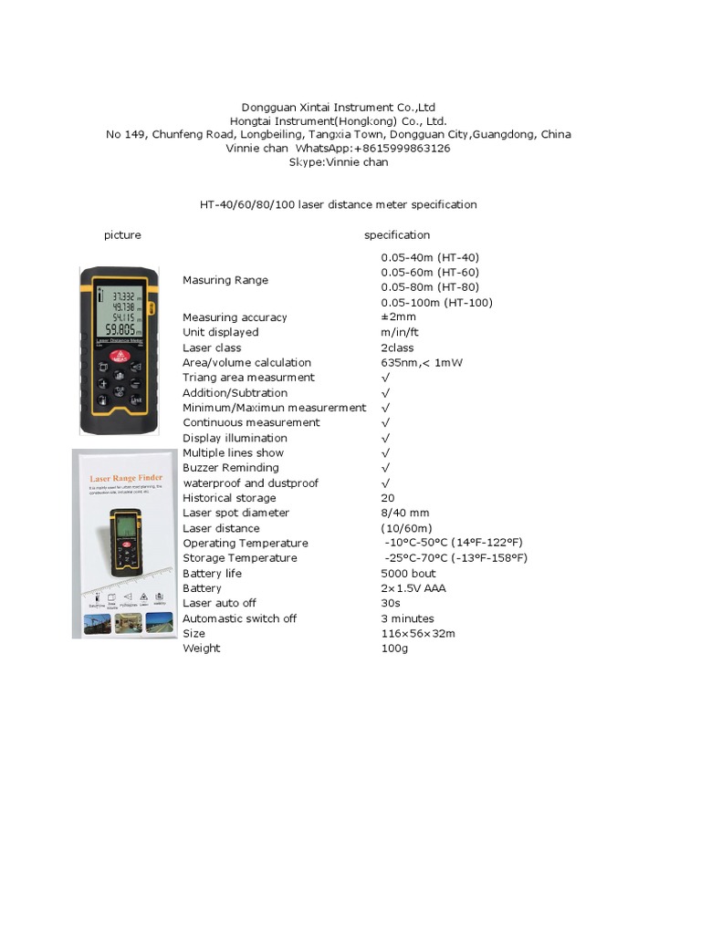 HT Series Laser Distance Meter Specs | PDF | Technology & Engineering