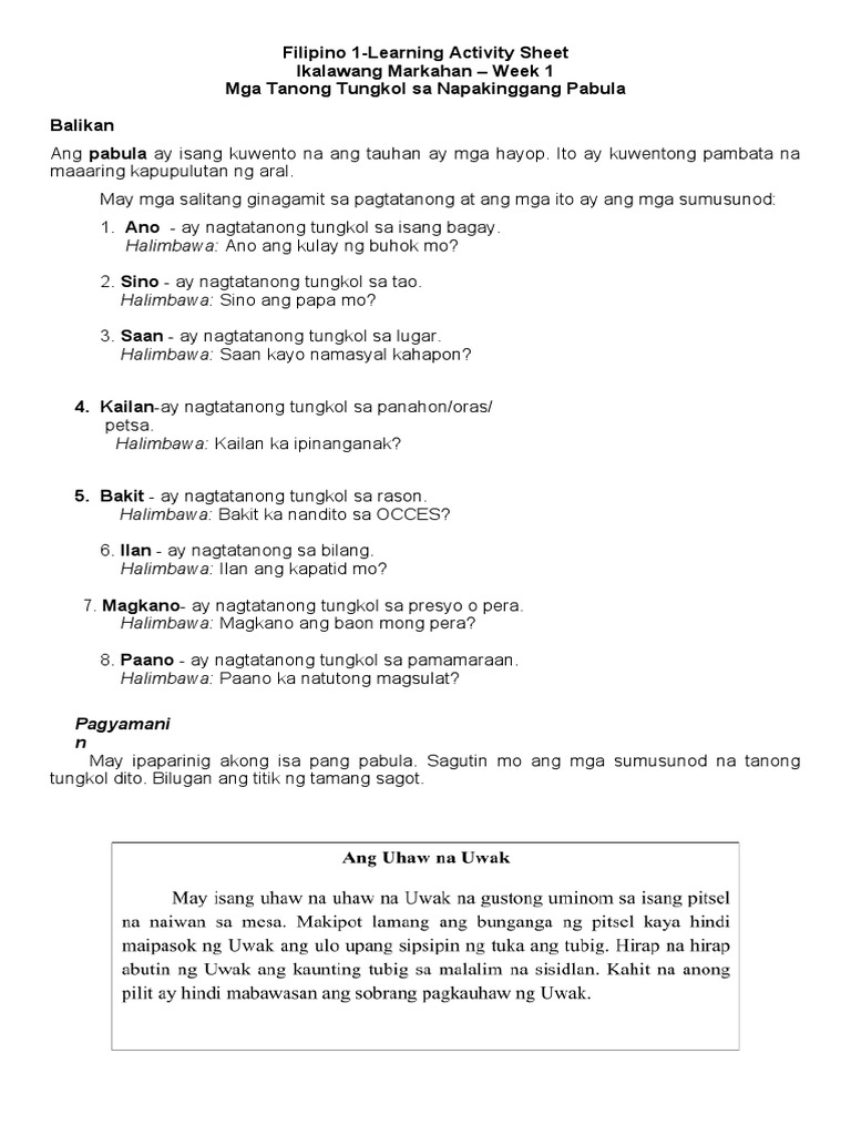 Gr.1-Quarter 2-Week 1-Learning Activity Sheet-Filipino | PDF