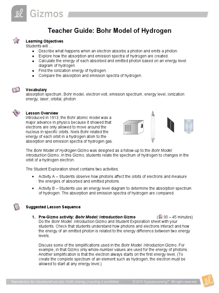 Teacher Guide: Bohr Model of Hydrogen: Learning Objectives | PDF ...