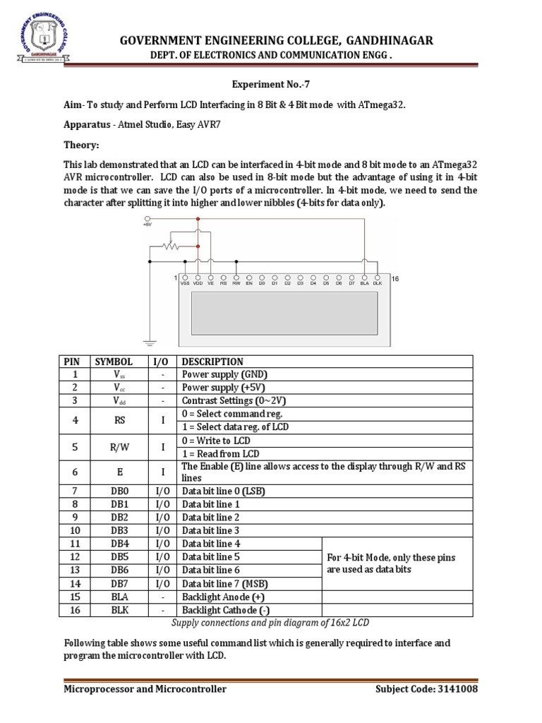 Government Engineering College, Gandhinagar: Supply Connections and Pin Diagram of 16x2 LCD ...