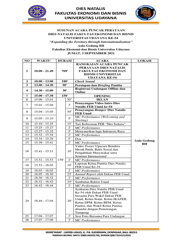 Rundown Acara Perayaan Dies Natalis FEB Unud 54 | PDF