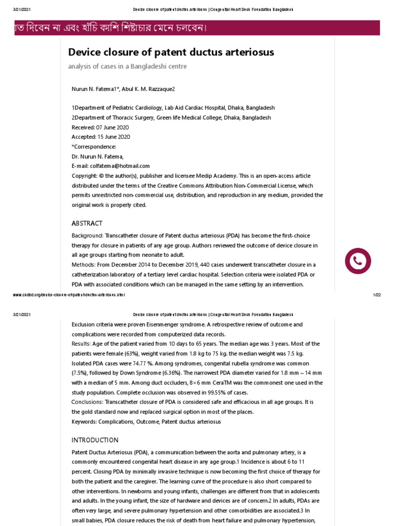 Device Closure Of Patent Ductus Arteriosus Congenital Heart Desk Foundation Bangladesh Pdf