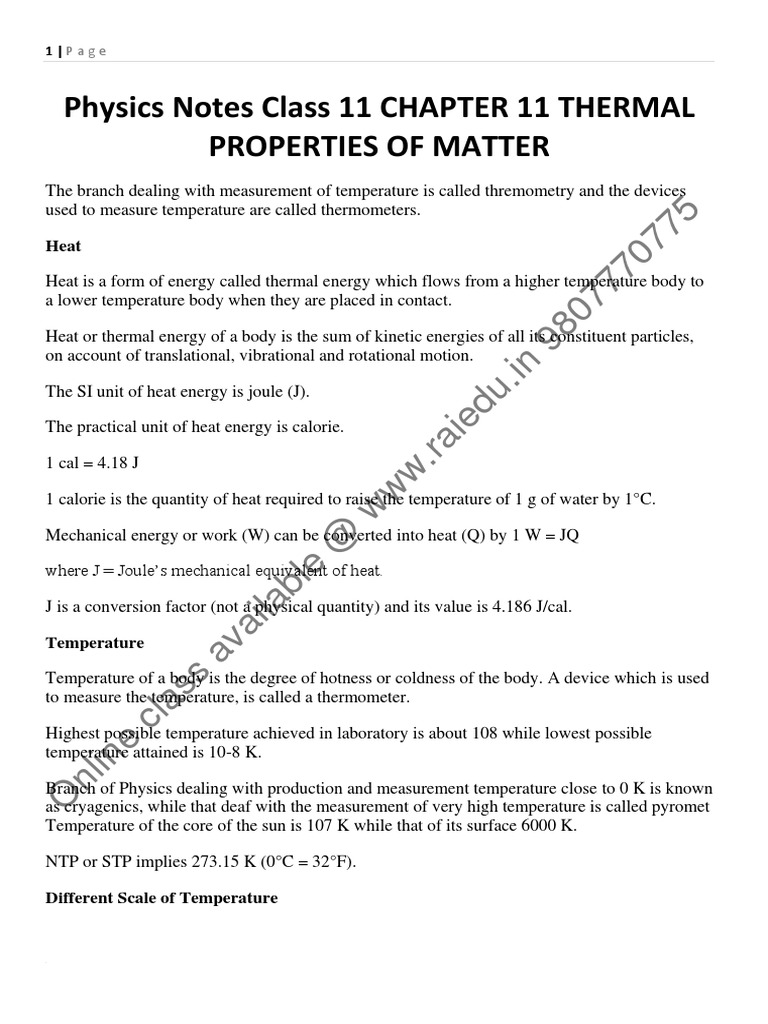 Physics Notes Class 11 CHAPTER 11 THERMAL Properties of Matter | PDF ...