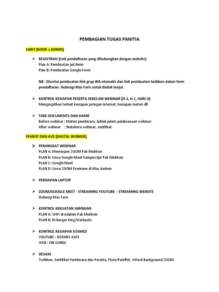 Pembagian Tugas Panitia Webinar DHC | PDF | Bisnis