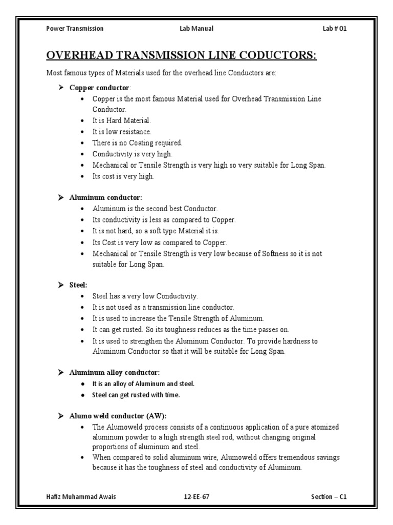 Overhead Transmission Line Coductors:: Power Transmission Lab Manual ...
