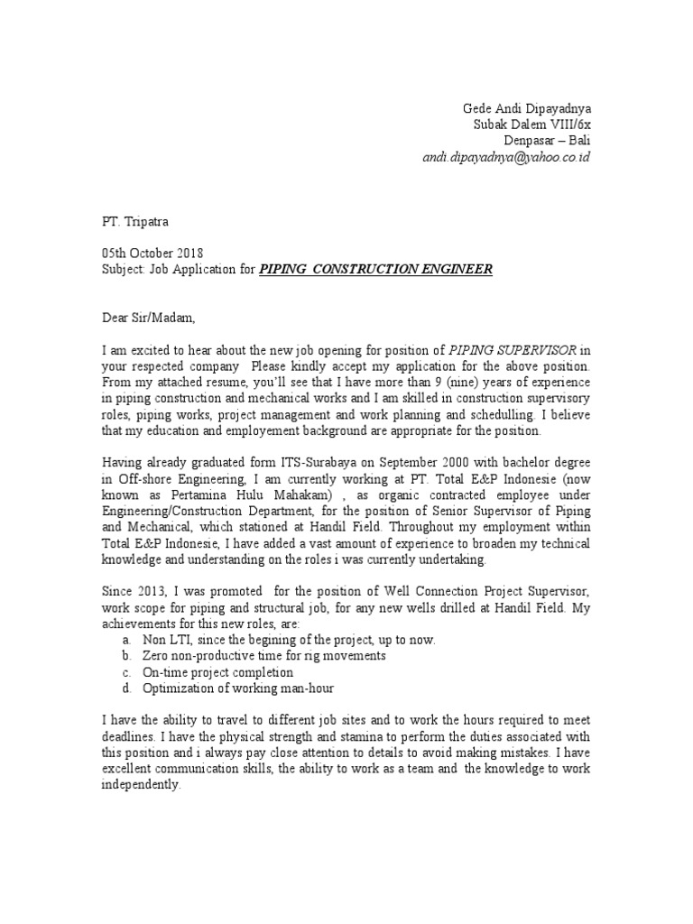 COVER Letter For PIPING CONSTRUCTION ENGINEER TRIPATRA | PDF ...