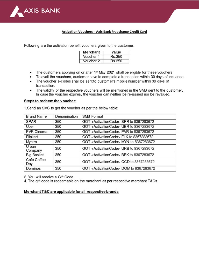 Activation Vouchers - Axis Bank Freecharge Credit Card | PDF