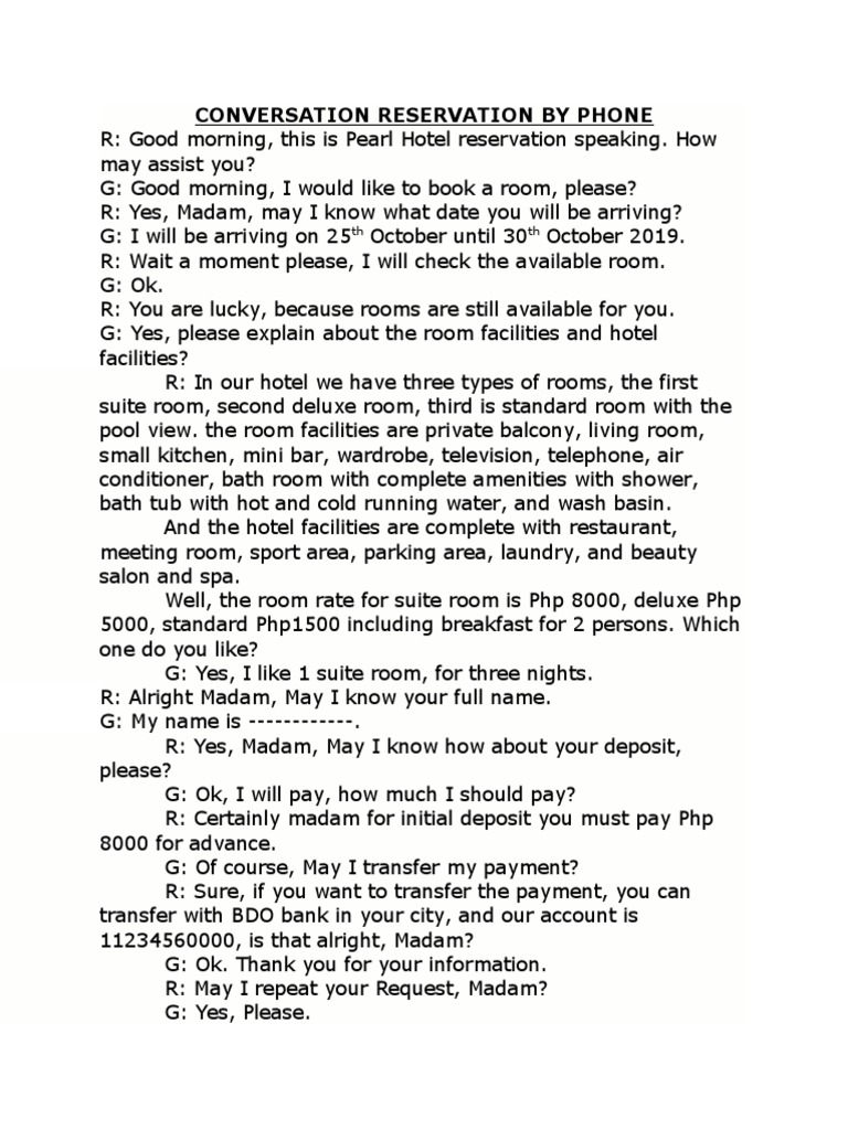 Script 111conversation Reservation by Phone | PDF | Hotel | Room
