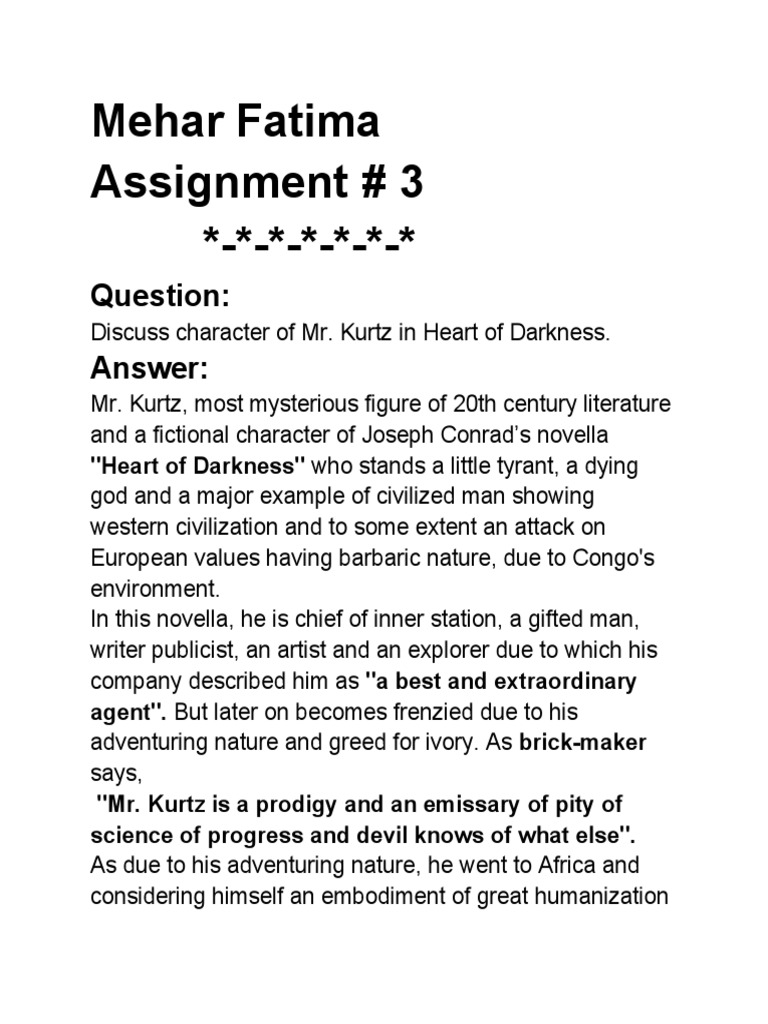 Assignment#3 (Heart of Darkness) | PDF | Heart Of Darkness | Kurtz ...