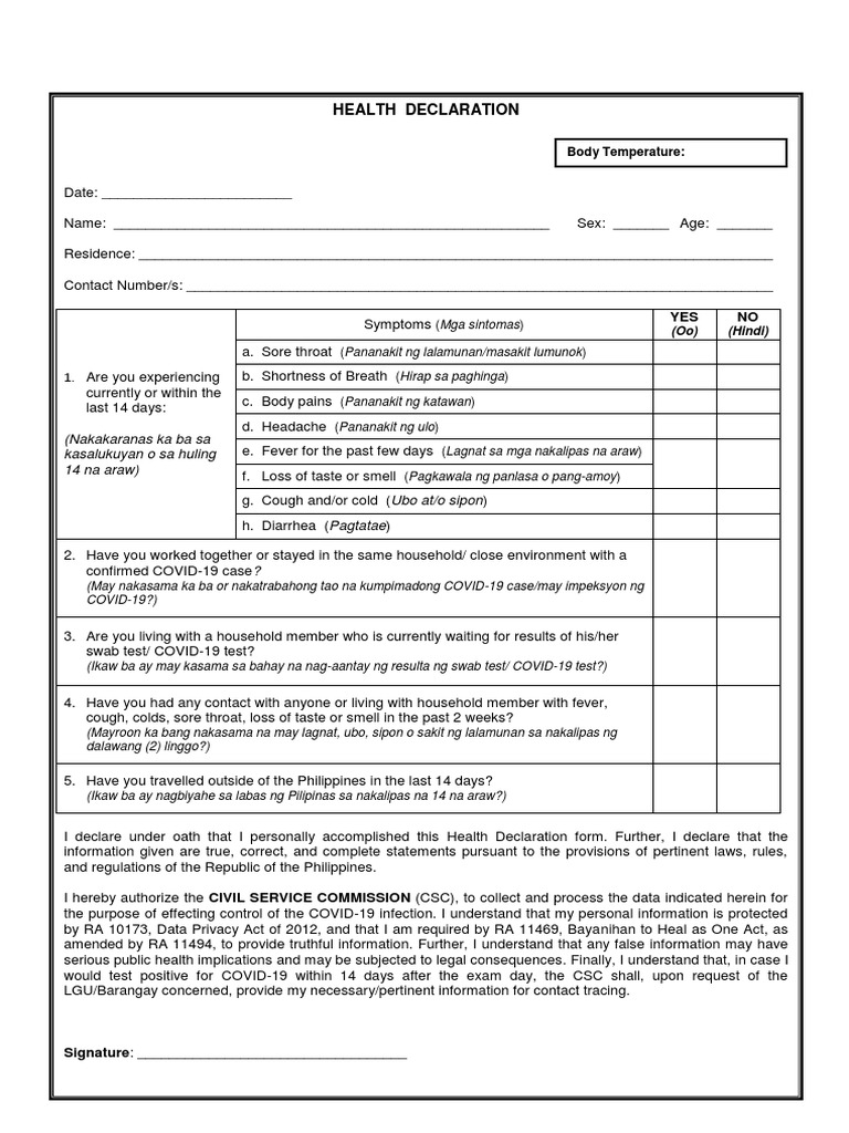Health Declaration Form A1 Whole Page | PDF | Epidemiology | Diseases ...