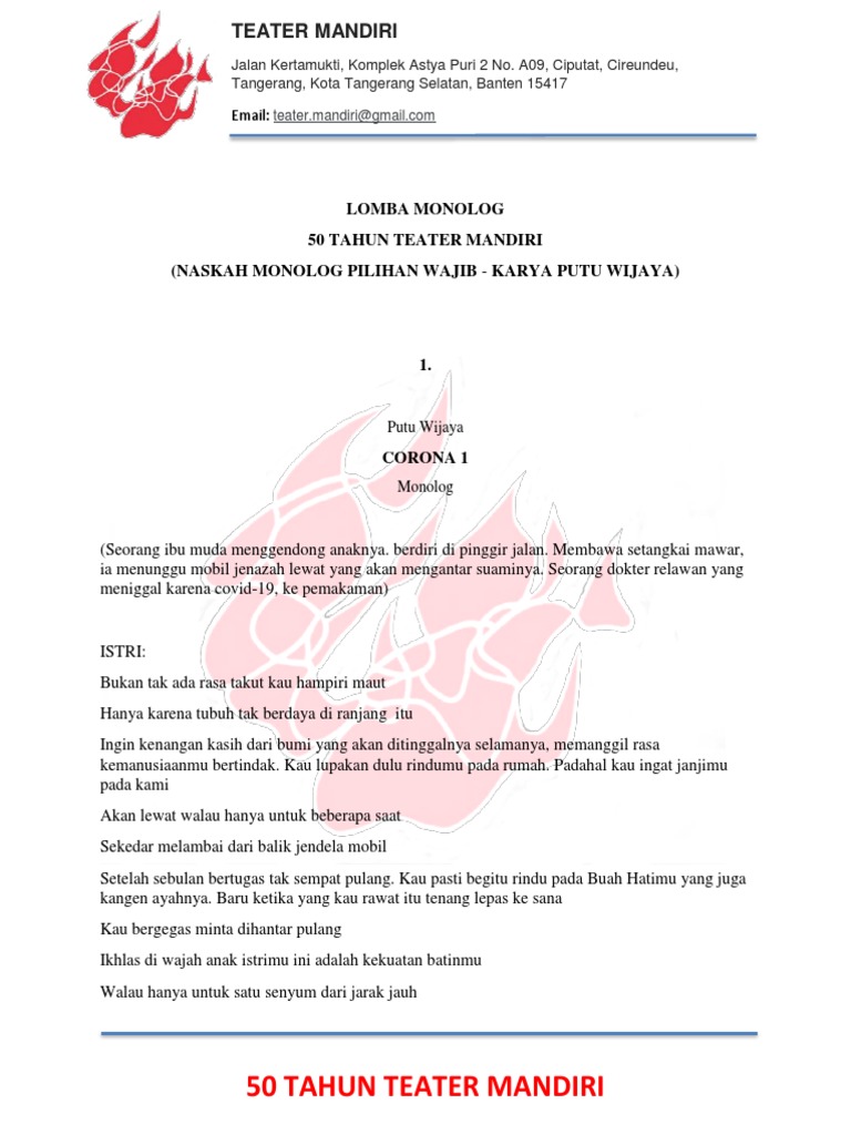 Naskah Monolog 50 Tahun Teater Mandiri - 2021 | PDF