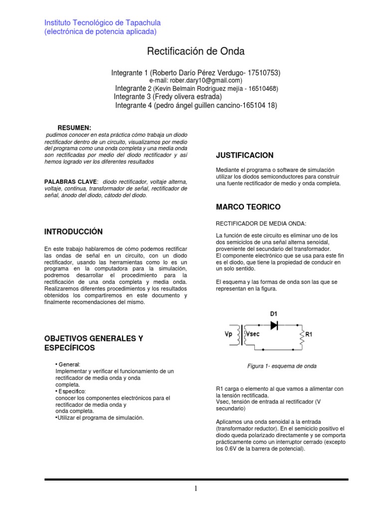 Practica 1 - Electronica de Potencia-Rectificador de Onda. | PDF | Rectificador | Diodo