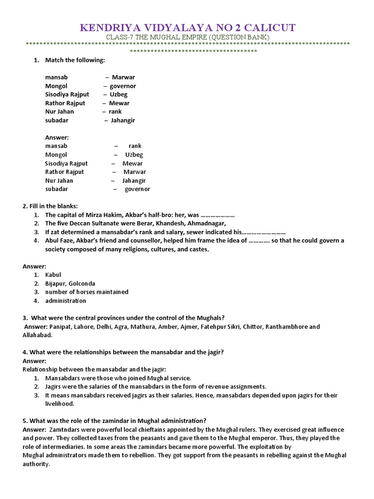 Class 7 Mughal Empire Question Bank | PDF | Mughal Empire