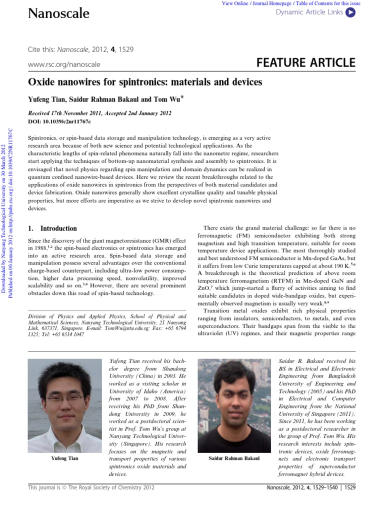 Oxide Nanowires For Spintronics: Materials and Devices: Cite This ...