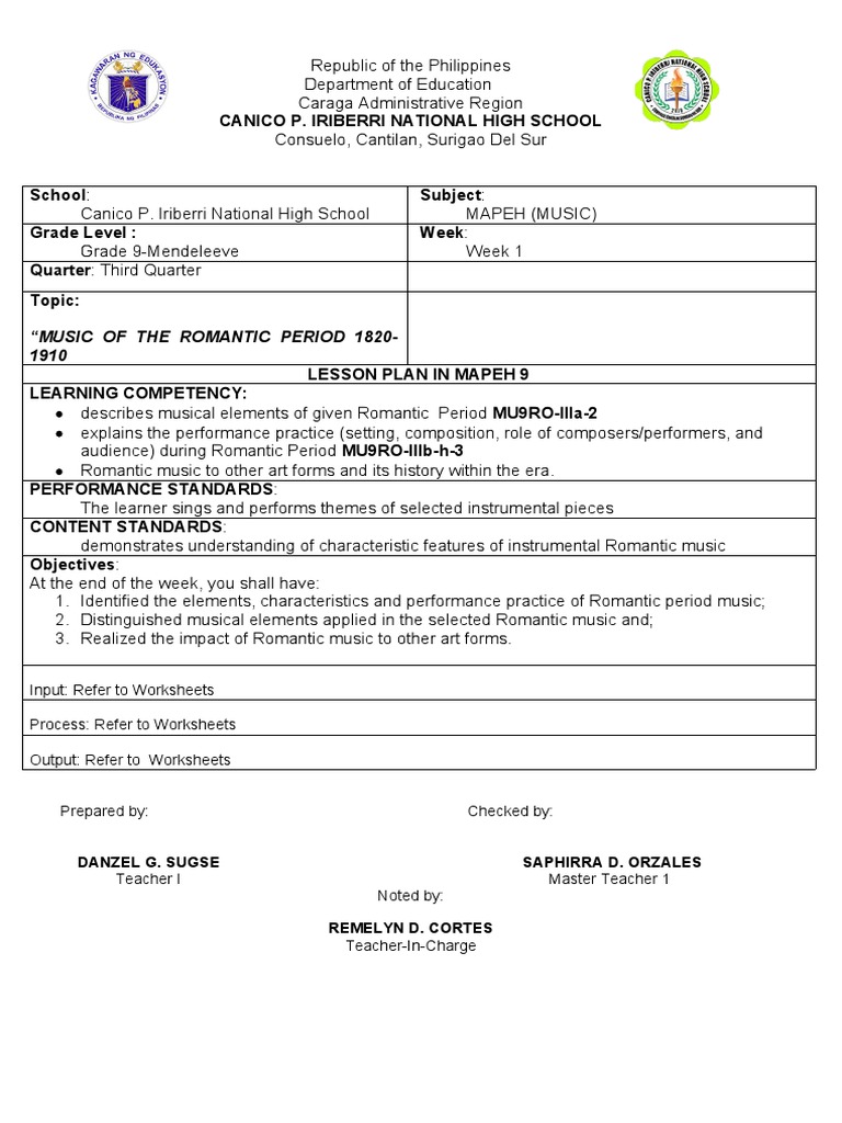 Lesson Plan in MAPEH 9 | PDF | Lesson Plan | Learning