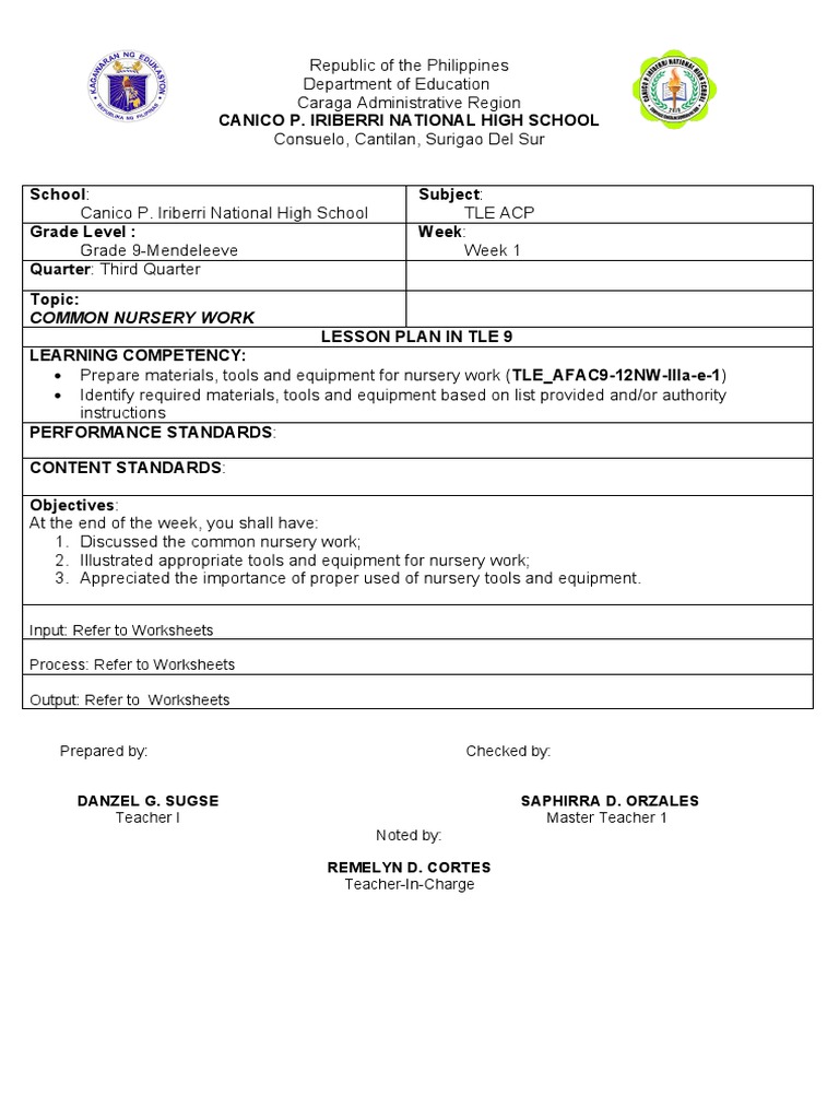 Lesson Plan in TLE 9 | Download Free PDF | Lesson Plan | Occupational ...