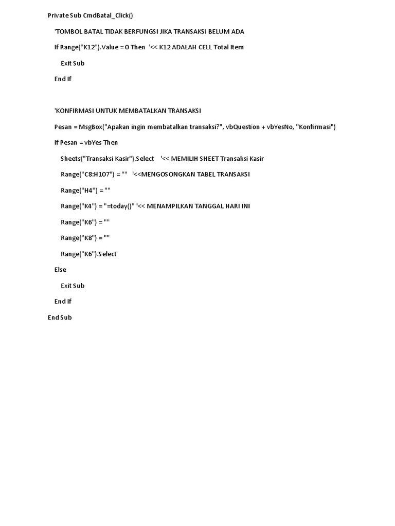 Fungsi Batal Transaksi Excel VBA | PDF | Komputer